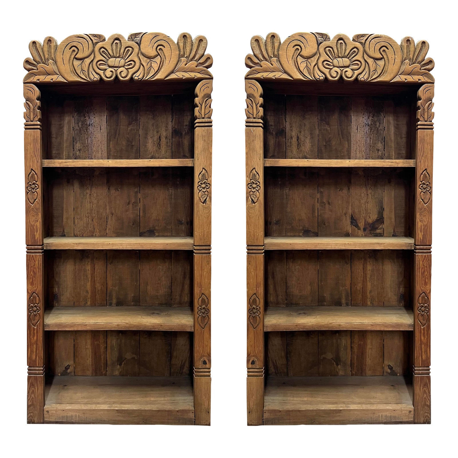 Vintage Hand Carved Folk Art Bookcases | Chairish
