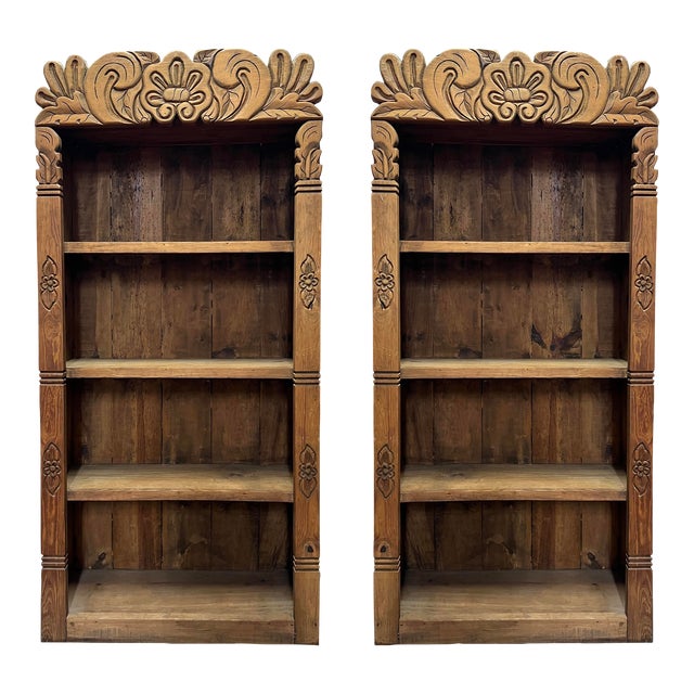 Vintage Hand Carved Folk Art Bookcases | Chairish