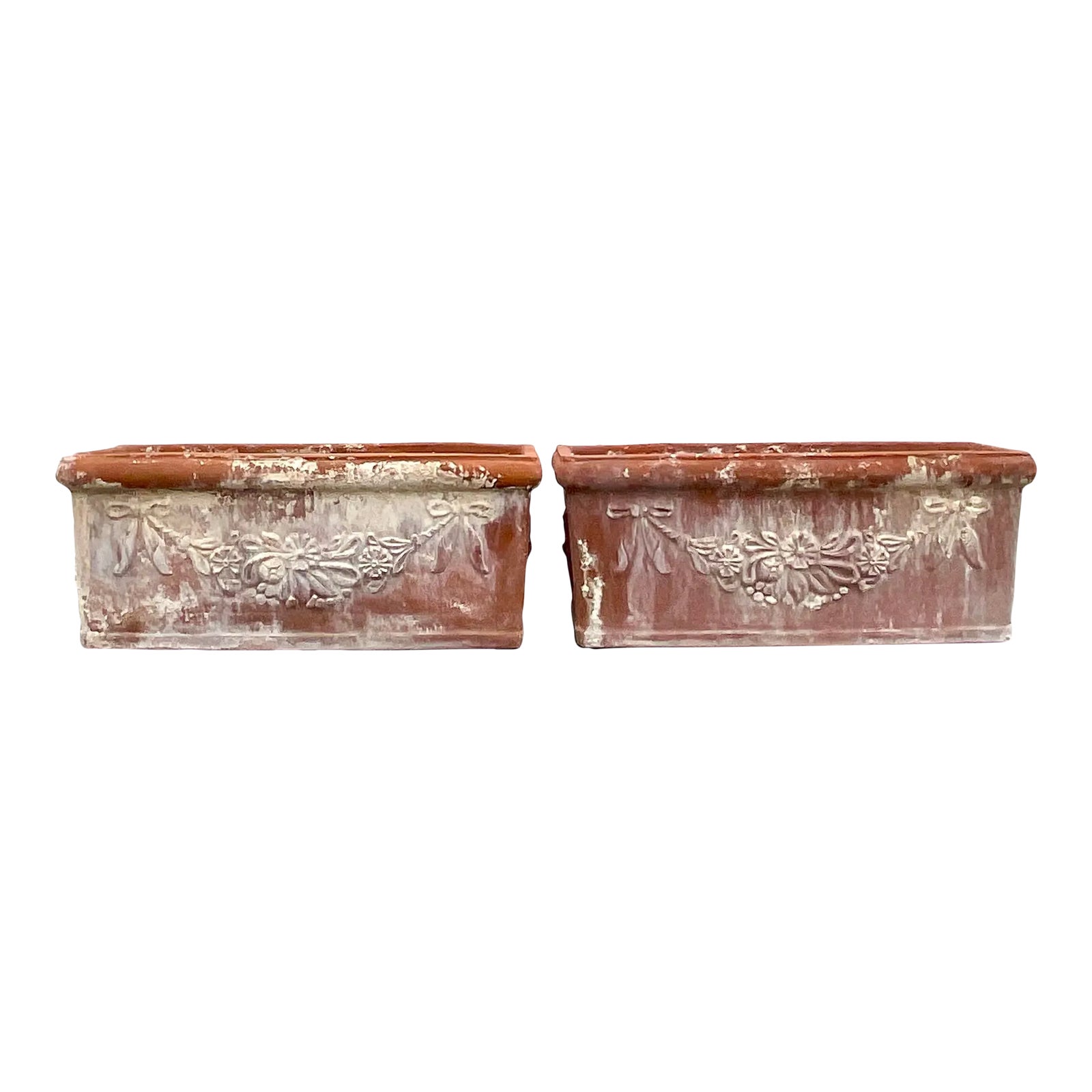 Vintage Boho Patinated Terra Cotta Planter Boxes - a Pair | Chairish