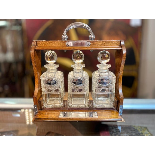 Antique English Oak Tantalus - Original Hand Cut Crystal Decanters ...