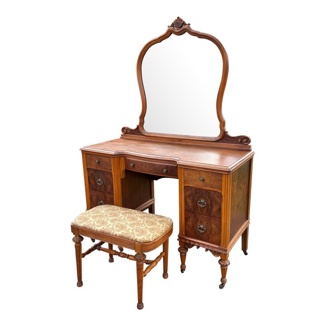 1920s Antique Burled Mahogany and Walnut Vanity With Mirror and Stool ...