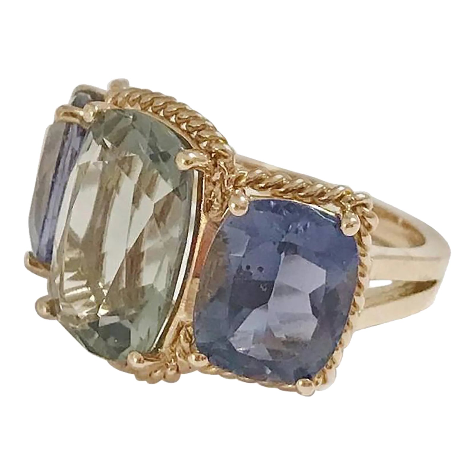 Christina Addison Elegant Green Amethyst and Iolite Ring With Gold Rope ...