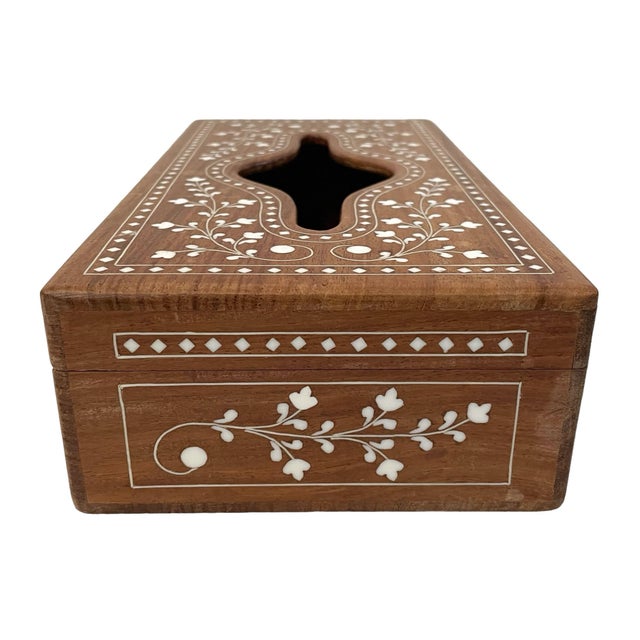 Wooden VintageTissue Box Holder Hand Carved W/Bone Floral Inlay. Hinged ...