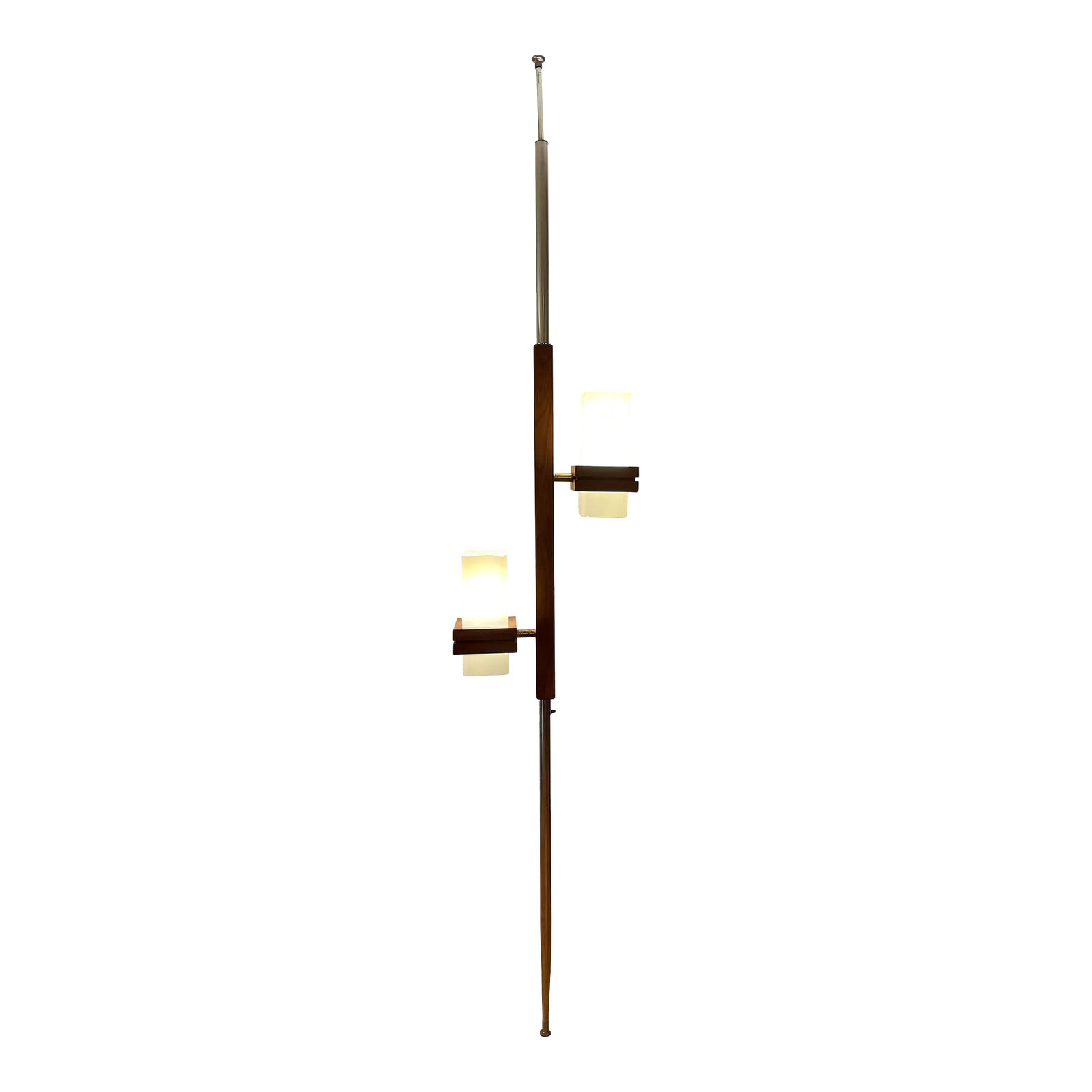 Mid Century 2-Light Wood and Brass Tension Pole Lamp | Chairish
