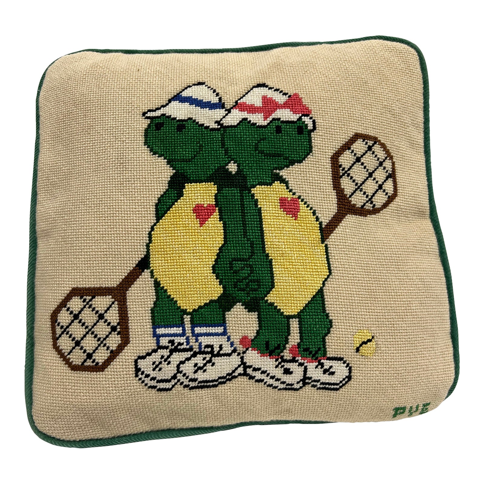 Vintage Turtles Playing Tennis Needlepoint Pillow. | Chairish