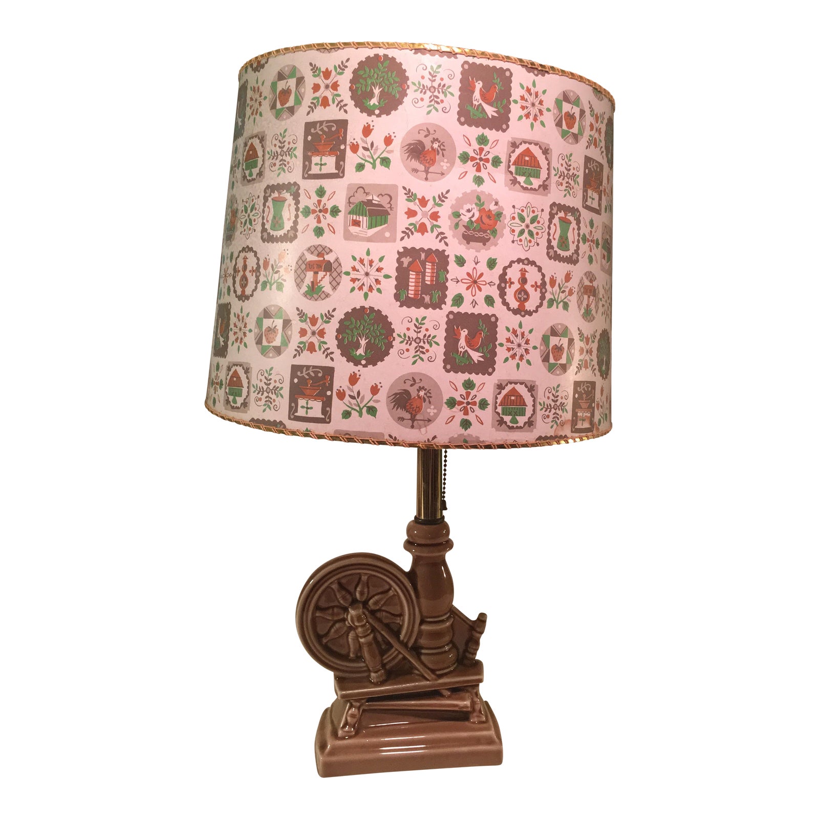 Mid-Century Modern Spinning Wheel Lamp With Vintage Shade | Chairish