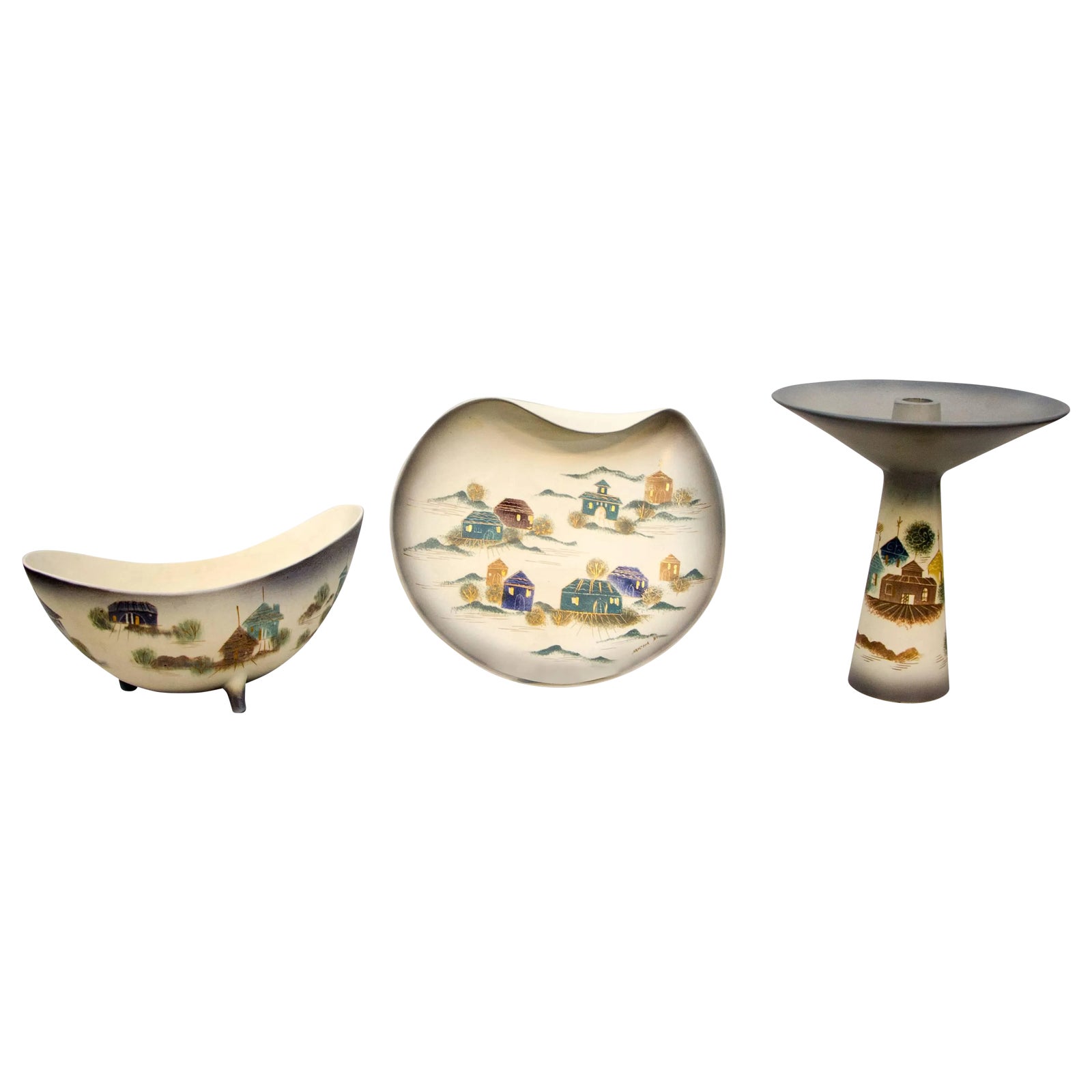 Three Pieces Sascha Brastoff Ceramics "Rooftops" Pattern | Chairish