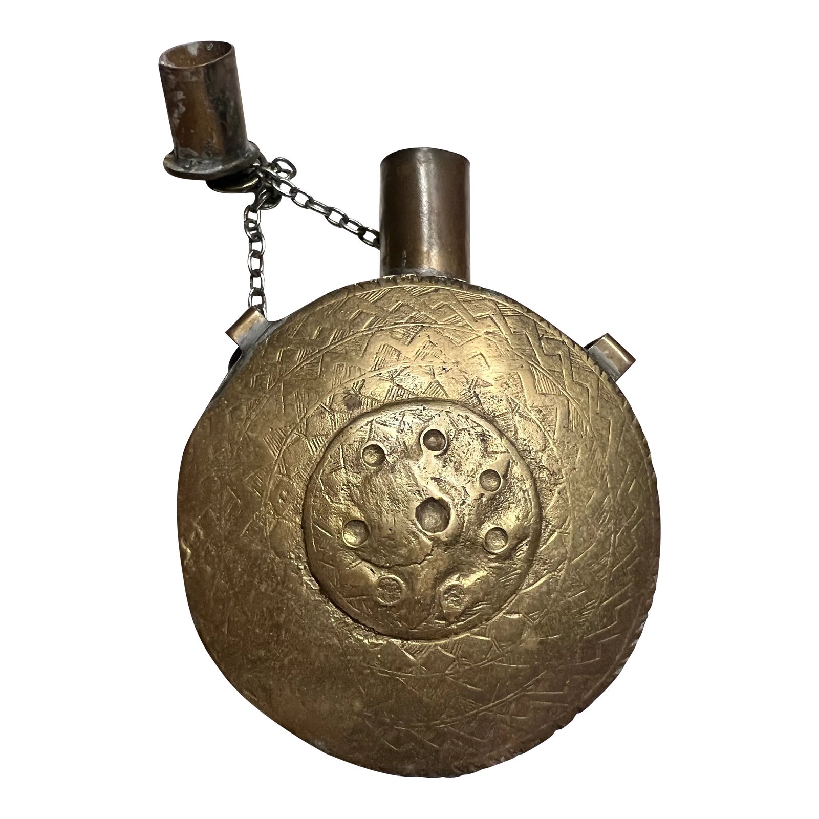 Vintage Brass Hand Etched Gun Powder Flask | Chairish