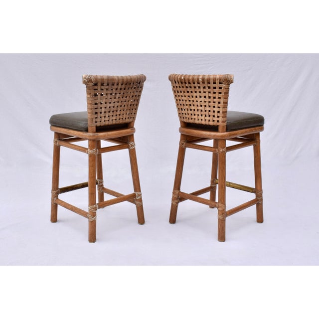 McGuire Laced Leather & Solid Oak Barstools, Pair | Chairish