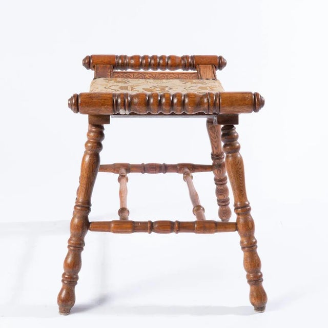 Early 20th Century Antique Oak Stool With Embroidered Seat | Chairish