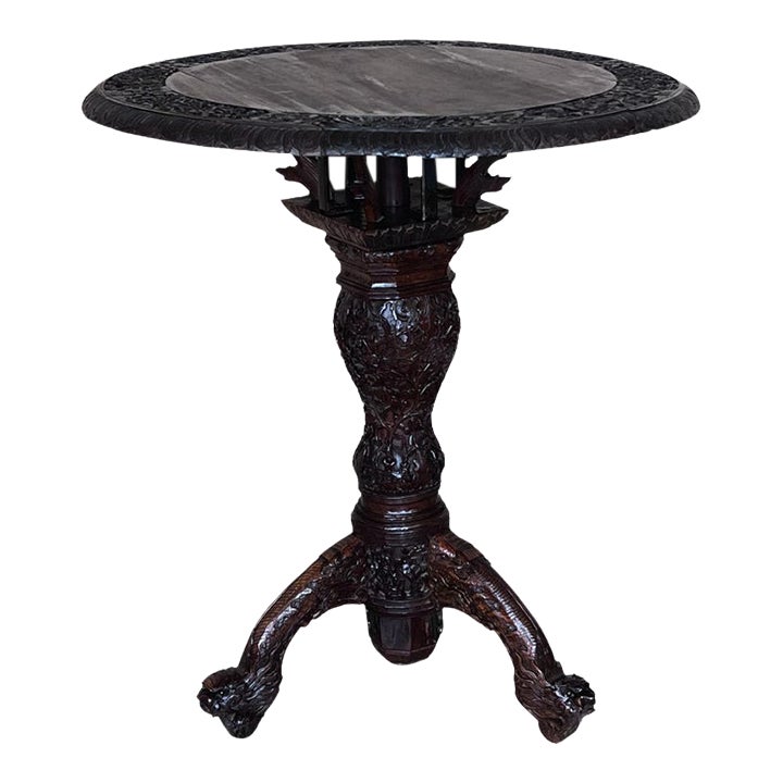 Finely Carved British Colonial 19th Century Round Tiltable Table | Chairish