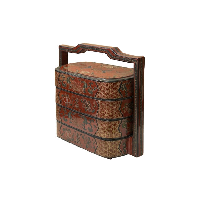 Chinese Brick Red Lacquer Color Treasure Graphic Stack Box Basket ...