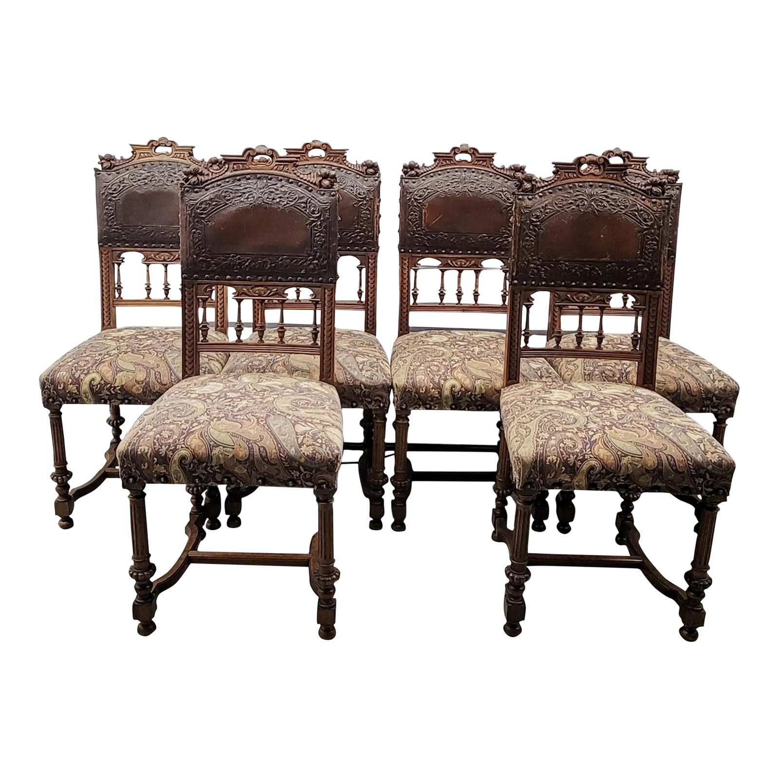 19th Century Belgian Baroque Carved Walnut and Leather Dining Chairs ...
