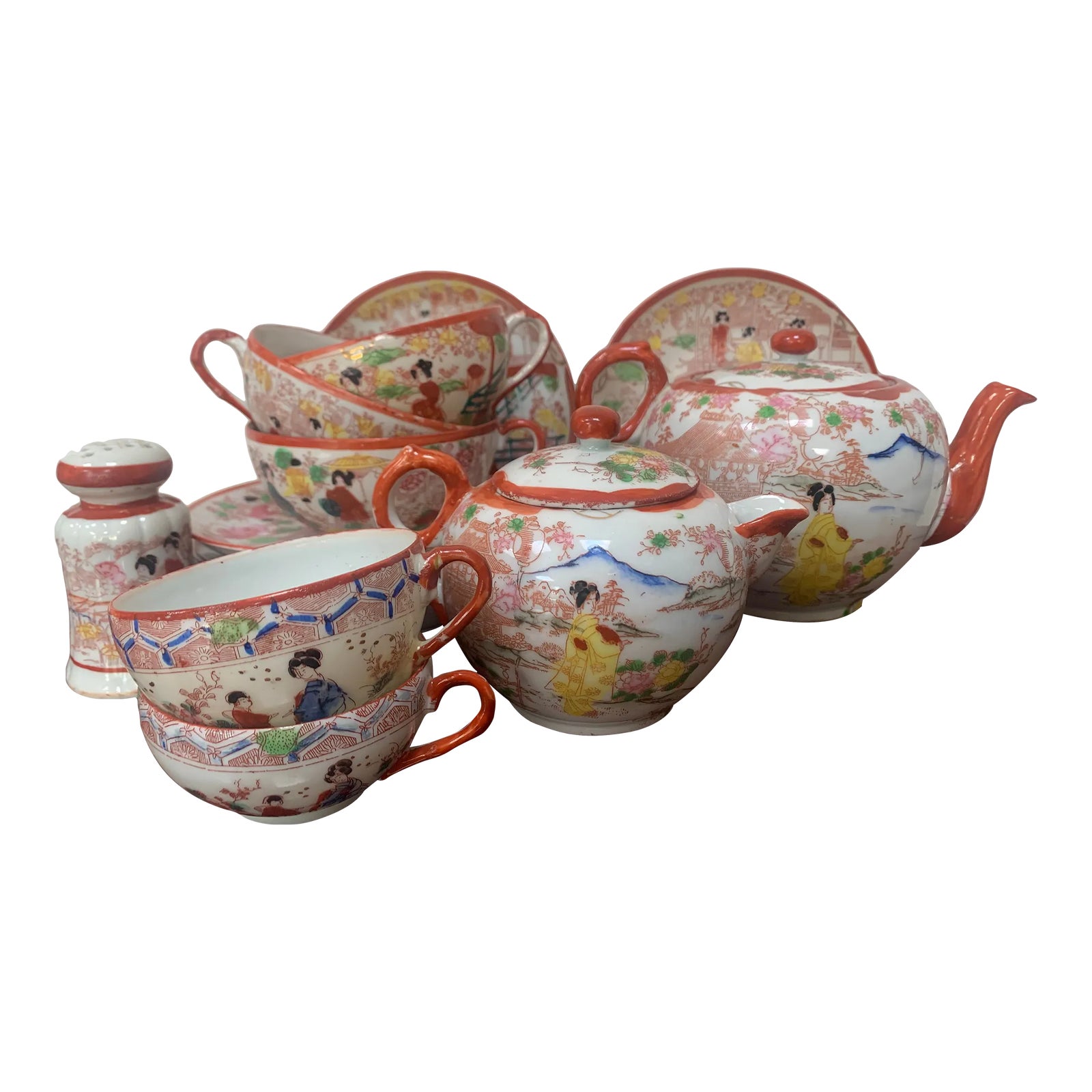 Japanese Kutani Geisha Ware Tea Set - Set of 16 | Chairish