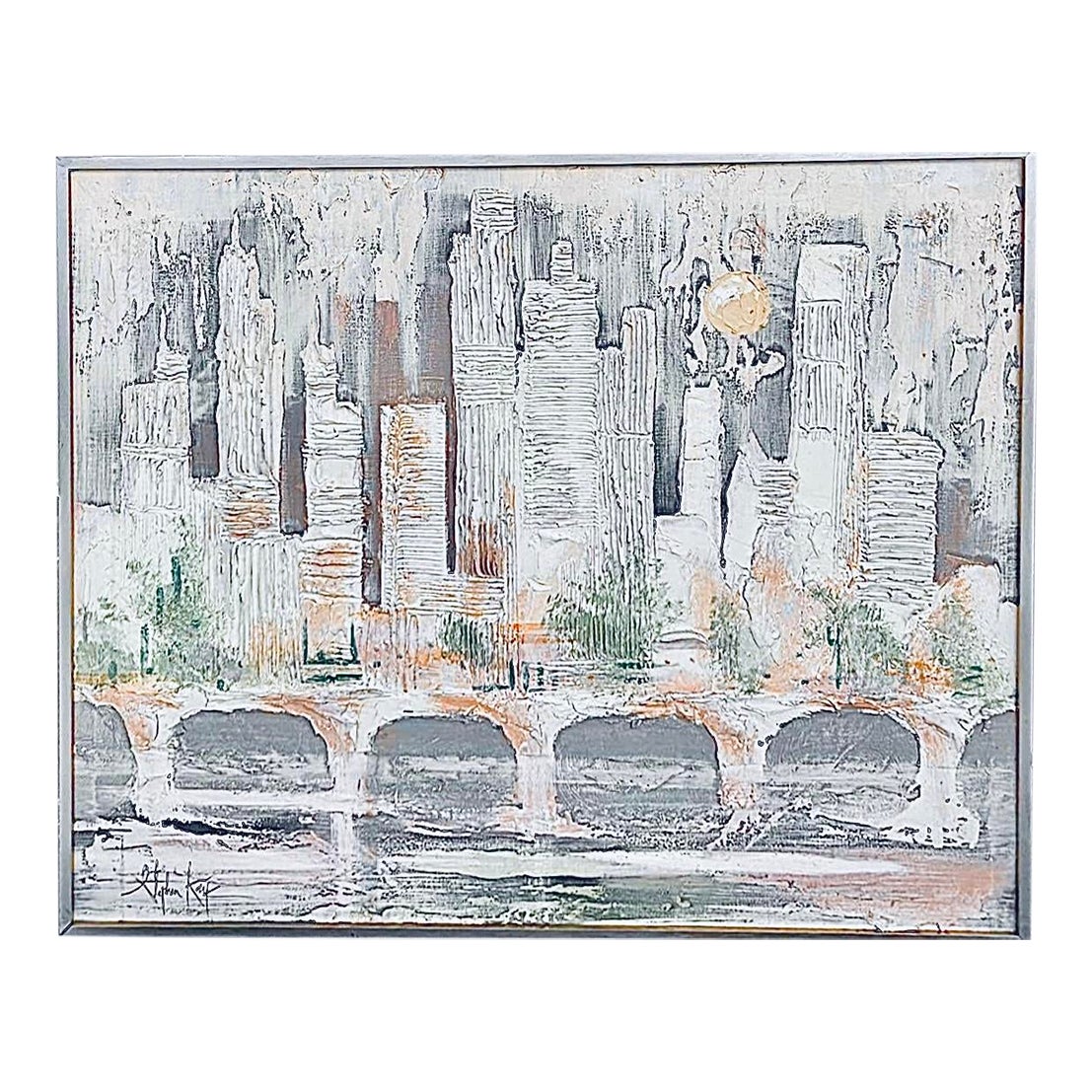 X-Large Vintage Stephen Kaye Oil Impasto Cubist Cityscape Mid Century ...