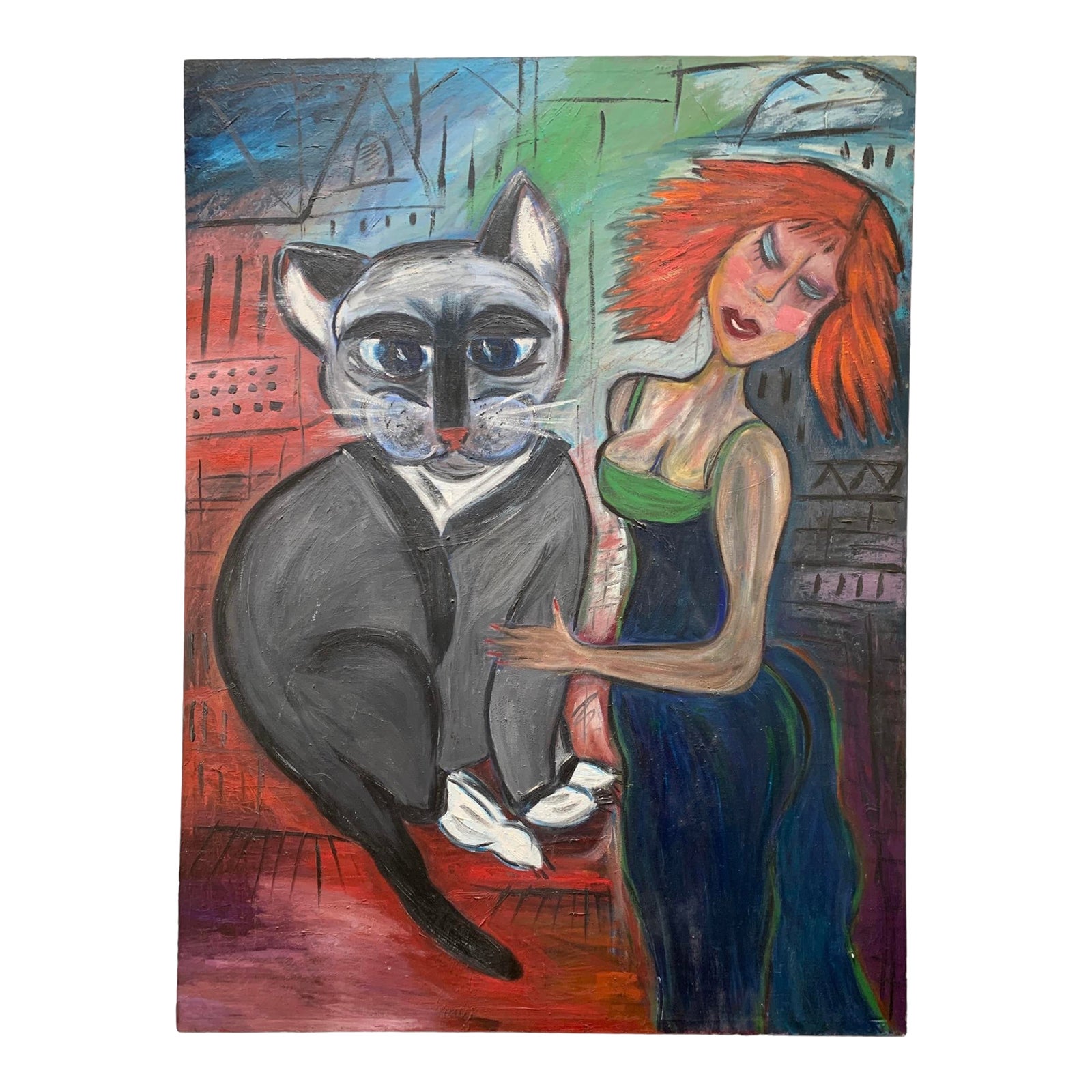 1990s Jan Reesman Expressionist Acrylic Painting on Canvas, "Cat About ...