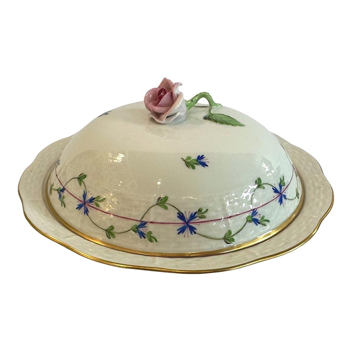 1980s Herend Covered Cheese Dish With Rose Finial in Blue Garland ...