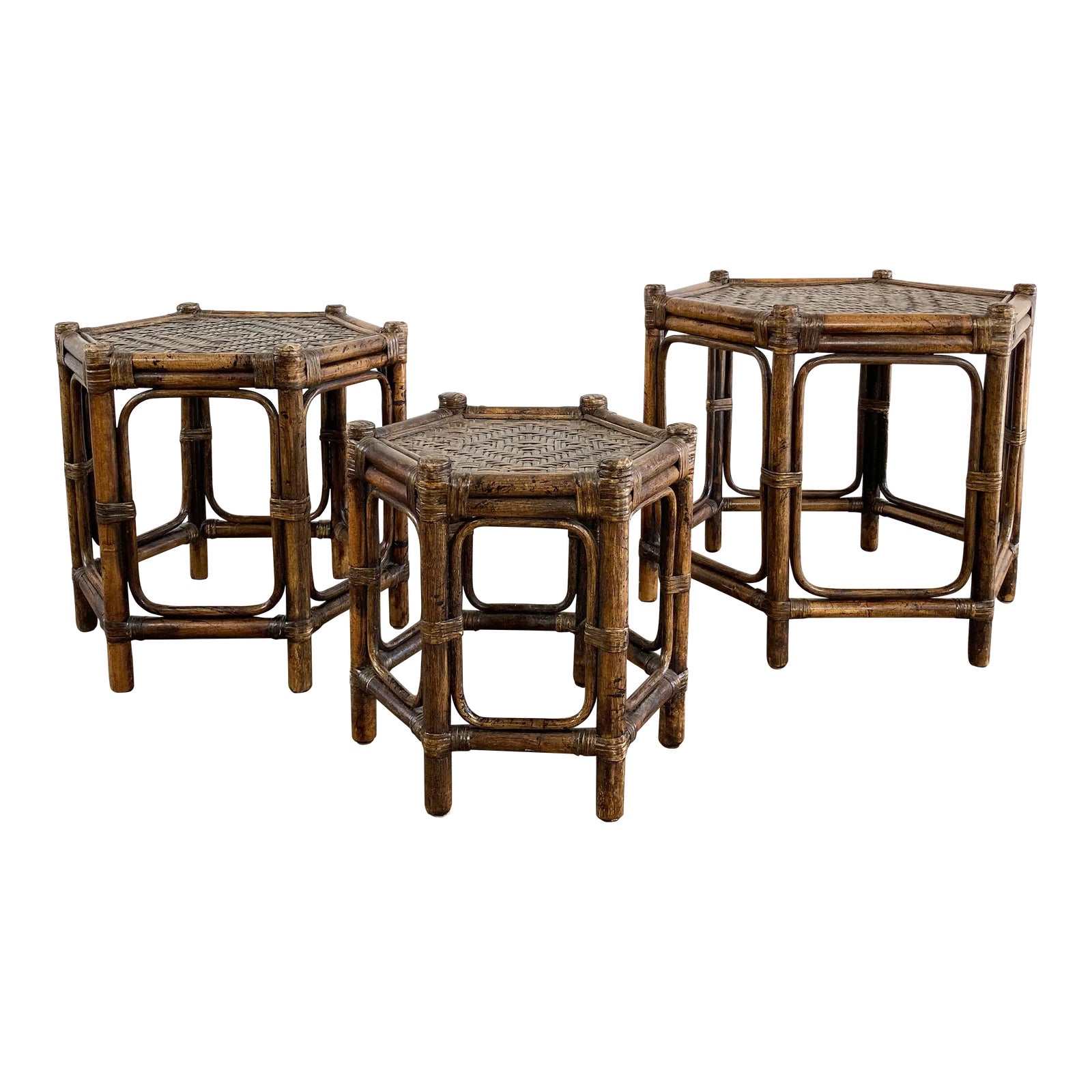 Vintage Hexagonal Rattan and Woven Wicker Nesting Tables, S/3 | Chairish