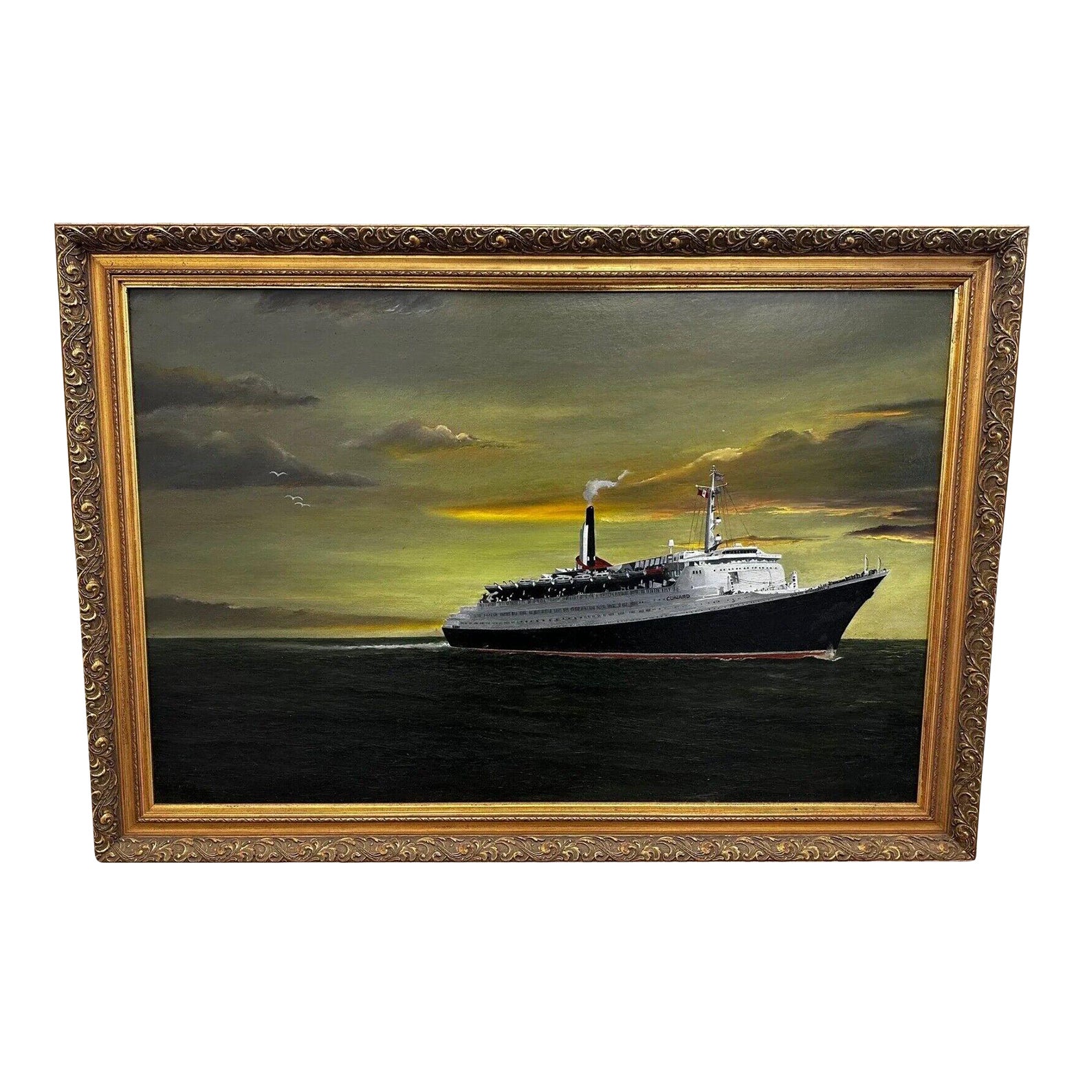Majestic QE2 at Sea Grand Oil Painting in Ornate Gilt Frame Timeless ...