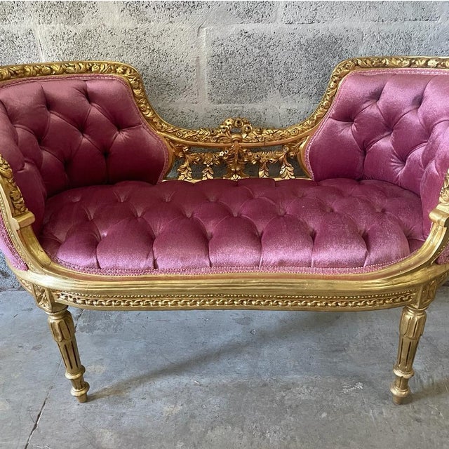 French Pink Velvet Tufted Bench | Chairish