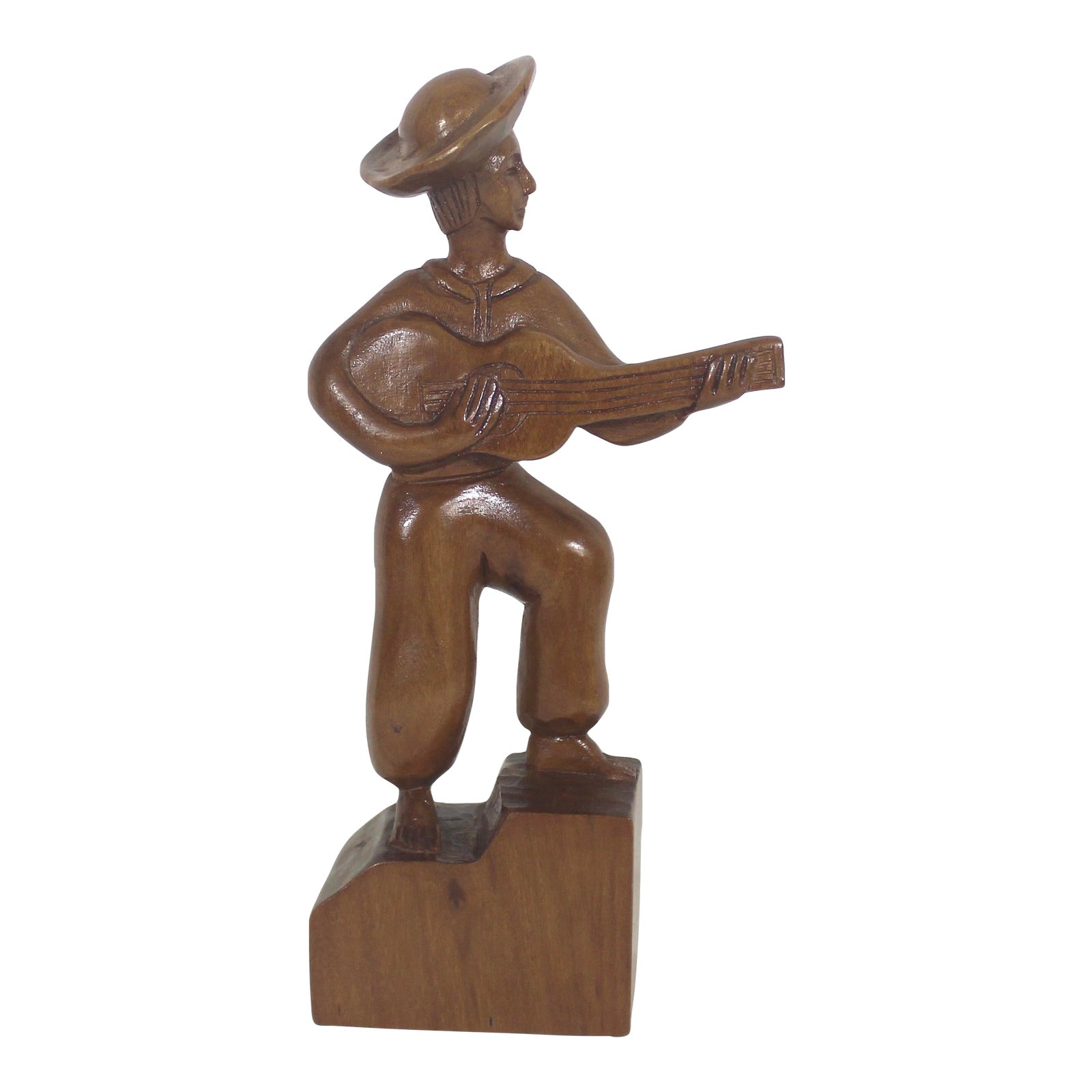 Vintage Hand Carved Wood Musician Man Playing Guitar Folk Art Figurine ...