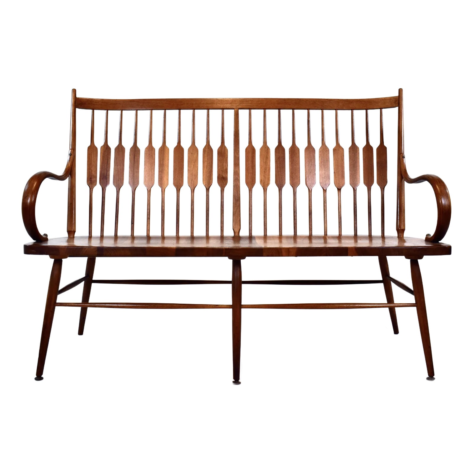 Midcentury Kipp Stewart for Drexel Declaration Walnut Spindle Back Bench | Chairish