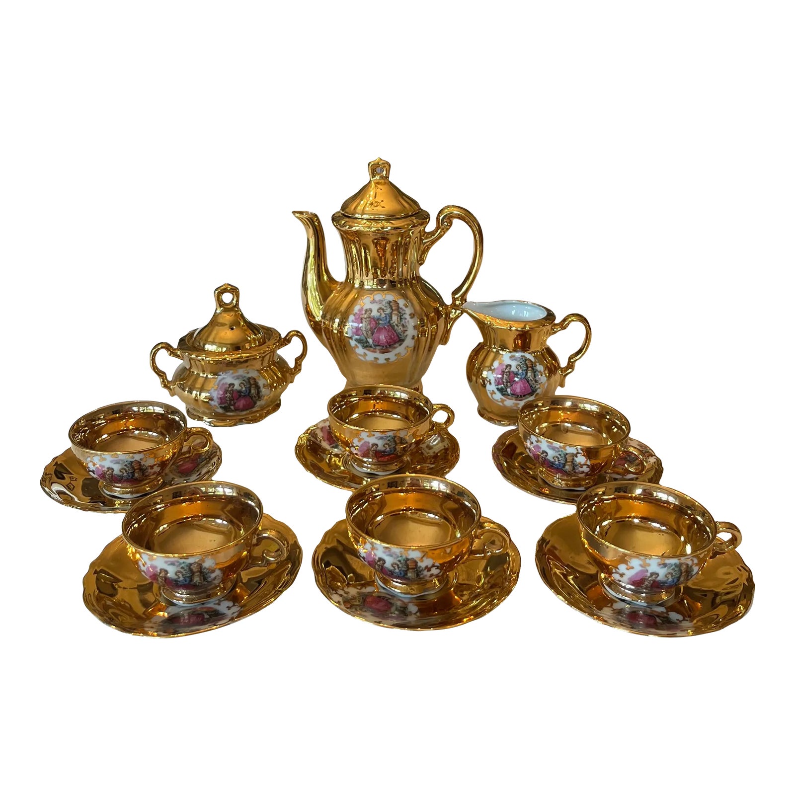 Antique Gold Gilt Porcelain Tea Set- 17 Pieces | Chairish