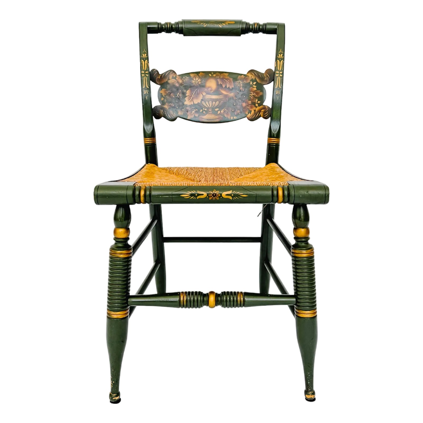 Mid-Century Green Lacquer Hitchcock Windsor Colonial Rush Seat Chair ...