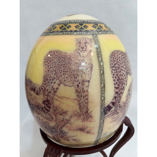 Contemporary Decoupage Ostrich Egg Depicting Cheetahs on Stand | Chairish