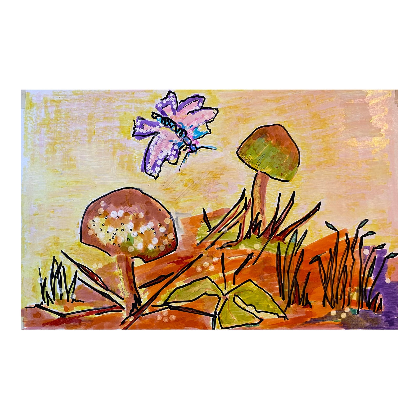 1960s Alexandra Merker Butterfly and Mushroom Landscape | Chairish