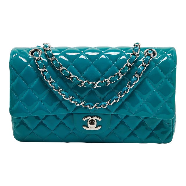 Chanel Teal Blue Quilted Patent Leather Medium Classic Double Flap Bag ...