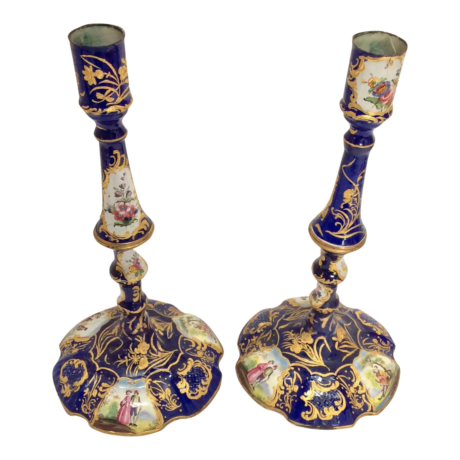 Late 18th Century English Enamel Candlesticks - A Pair | Chairish