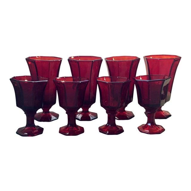 Vintage Ruby Red Hexagonal Goblet & Wine Glasses Set- 8 Pieces | Chairish