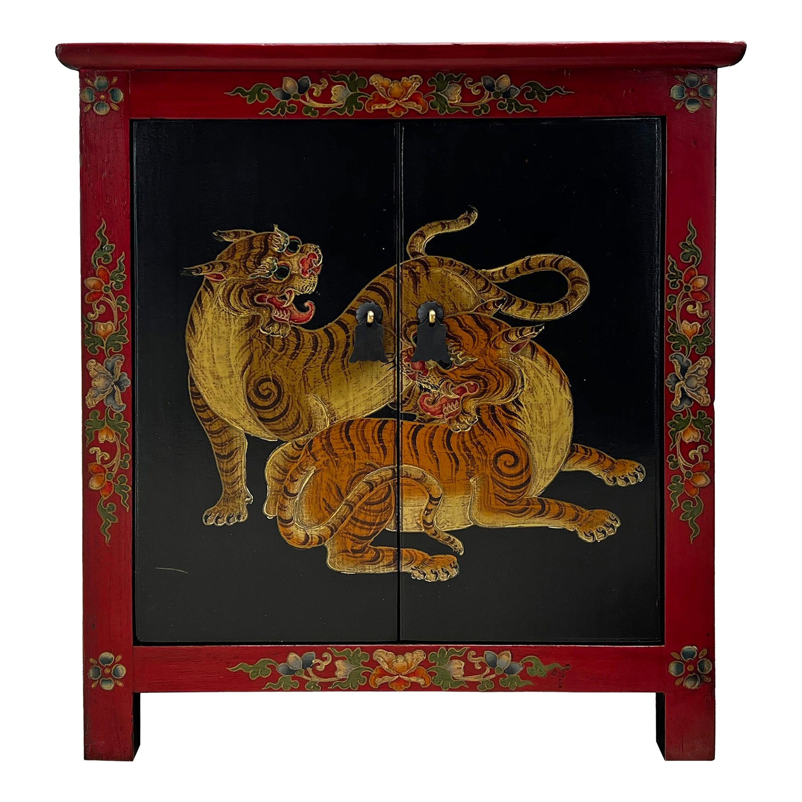 Tibetan Oriental Black Red Double Tigers End Table Nightstand | Chairish