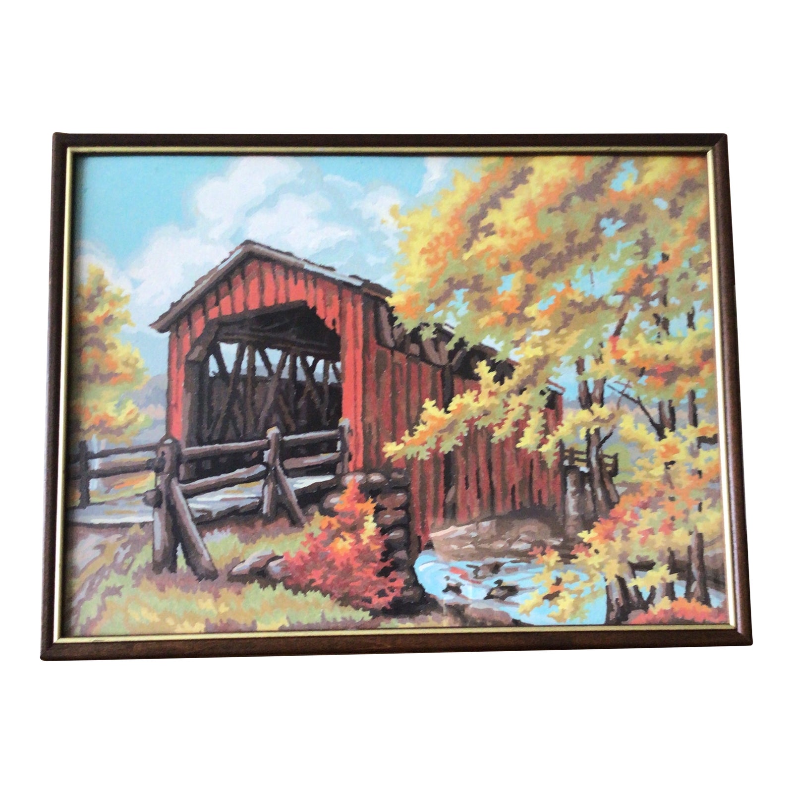 Vintage Paint by Numbers Framed Oil Painting of Covered Bridge by Craft ...