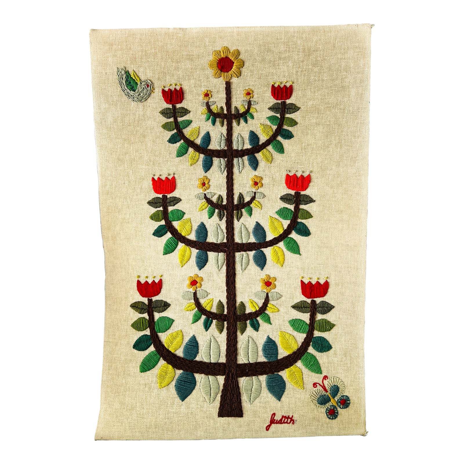 1973 Midcentury Artist Signed "Juditt" Crewel Embroidery Needle Work ...