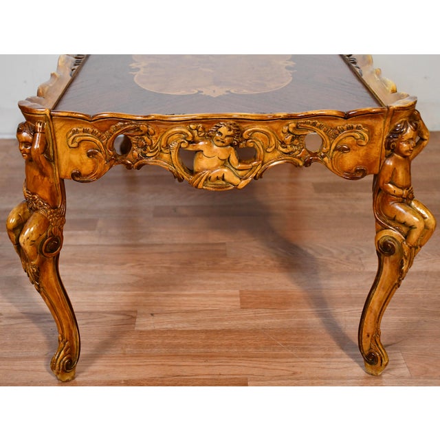 1930 French Walnut & Satinwood Inlay Carved Cherubs Hand Painted Coffee ...