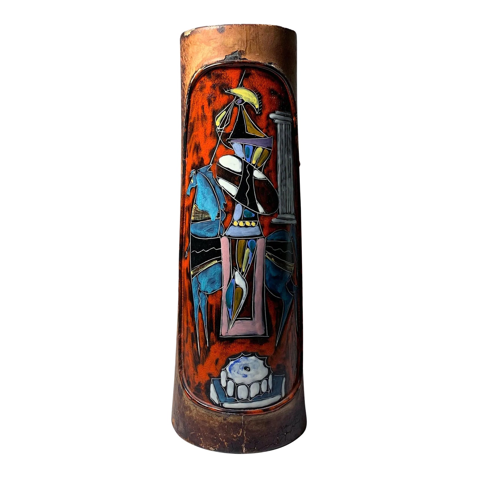 Large Vintage Italian Pottery and Leather Vase by Fantoni for Raymor ...