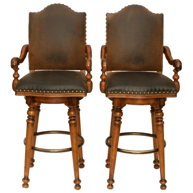 Late 20th Century Spanish Colonial Wood and Faux Leather Barstools, a ...