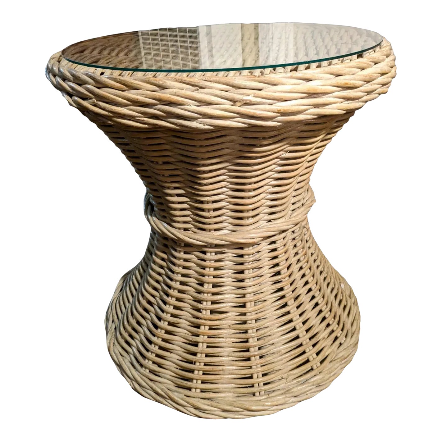 Braided Hourglass Shape Rattan Side Table With Glass Top | Chairish