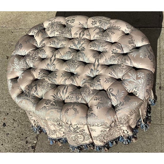 Vintage Scalamandre French Silk Damask Tufted Ottoman | Chairish