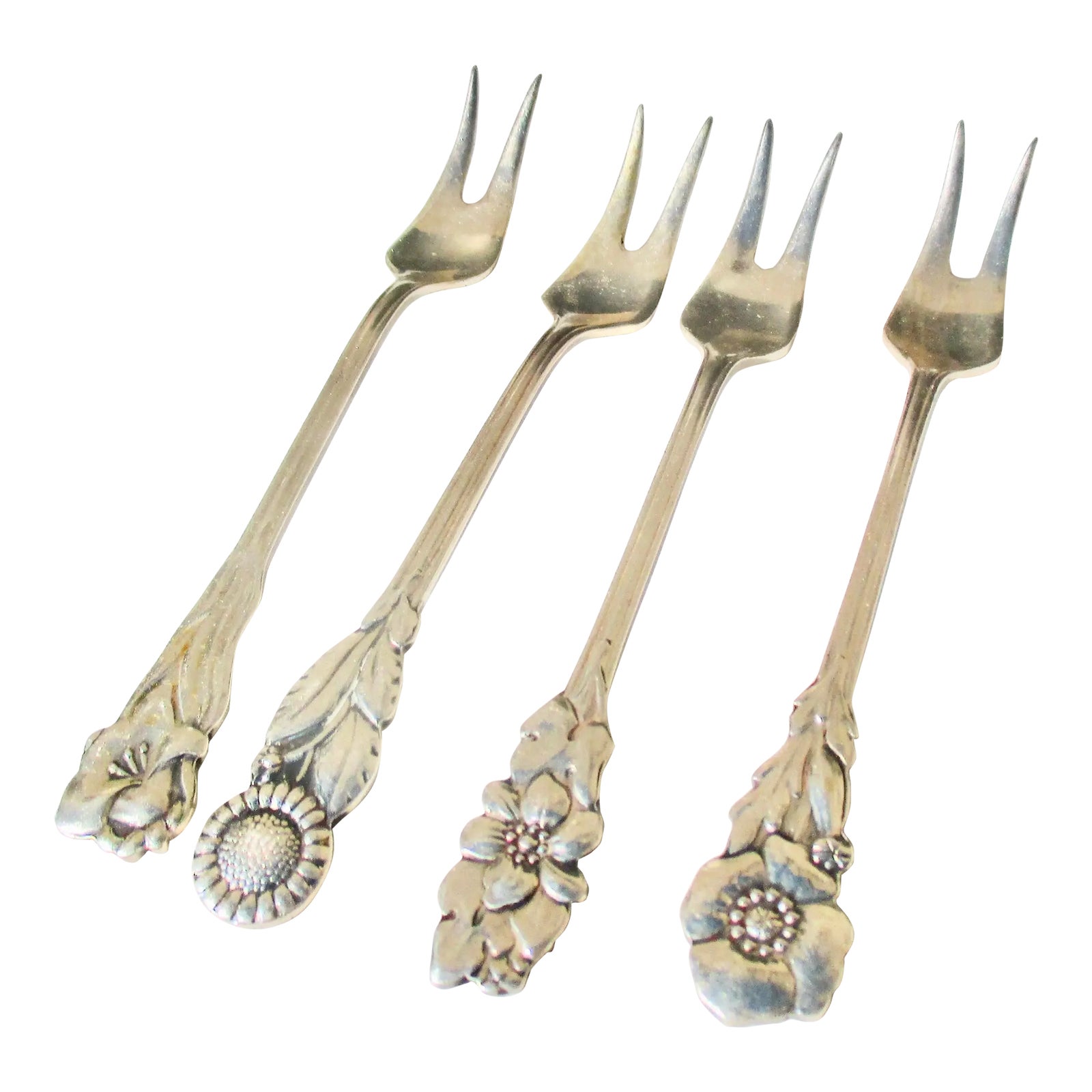 Silver Plate Cocktail Forks With Flower Handles, -A Set of 4 | Chairish
