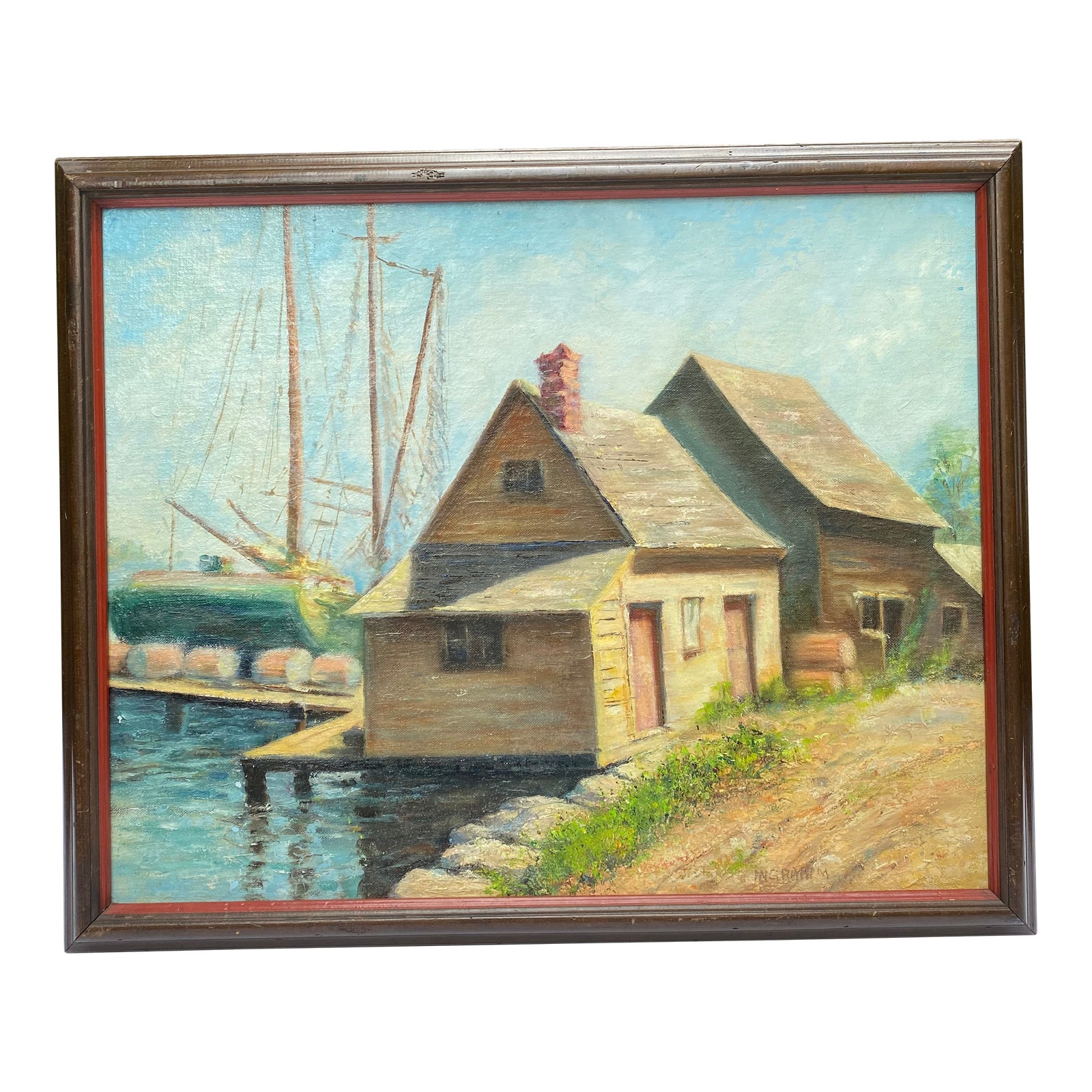 Vintage Signed Coastal New England Scene Oil Painting on Canvas | Chairish