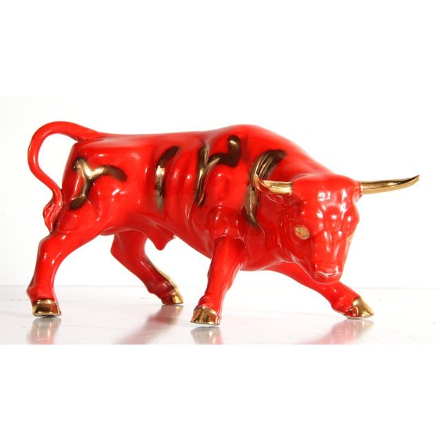 Vintage Mid Century Red & Gold Ceramic Bull Statue | Chairish