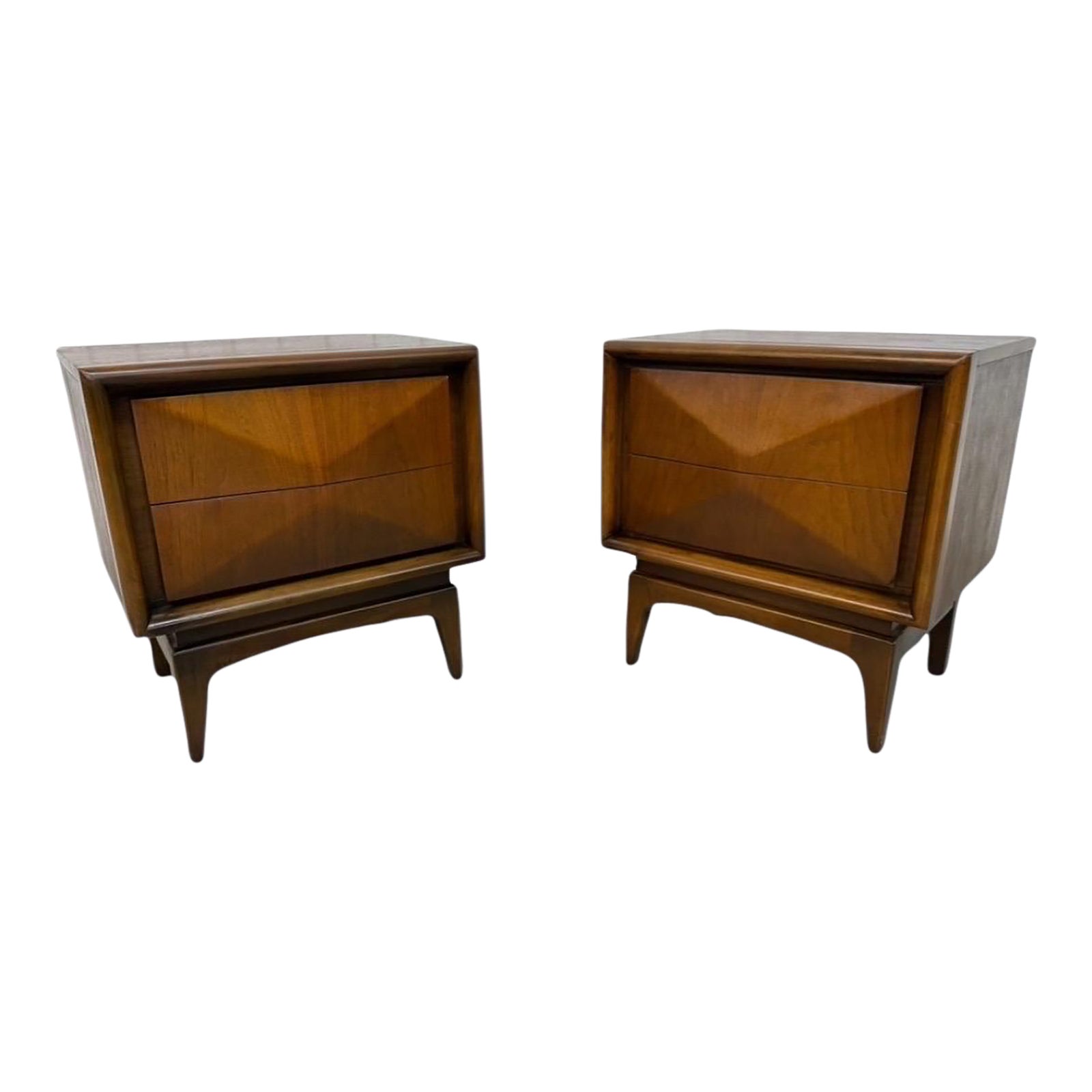 Mid-Century Modern United Diamond Walnut Nightstands - Set of 2 | Chairish