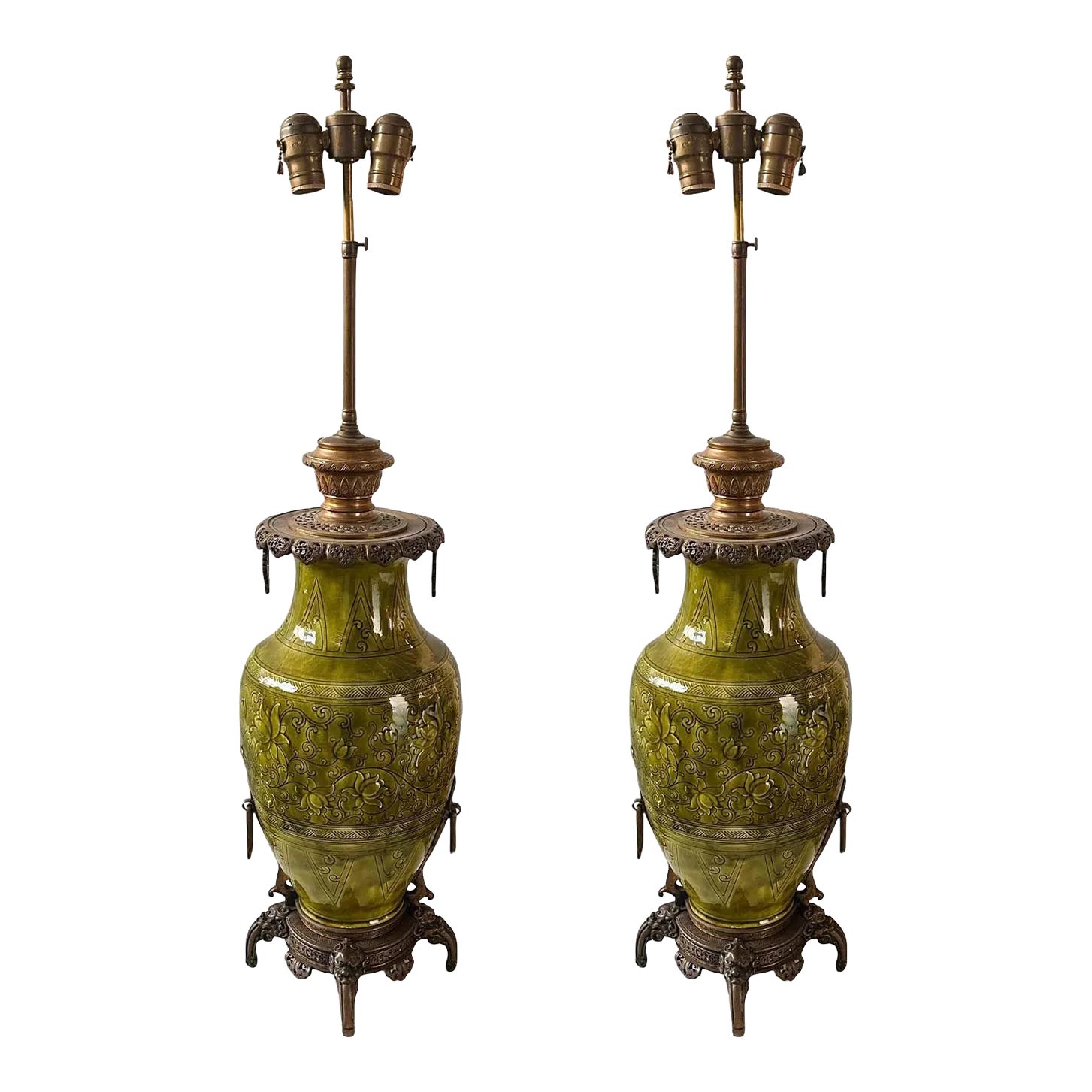 Pair of French 19th Century Ceramic & Bronze Lamps | Chairish