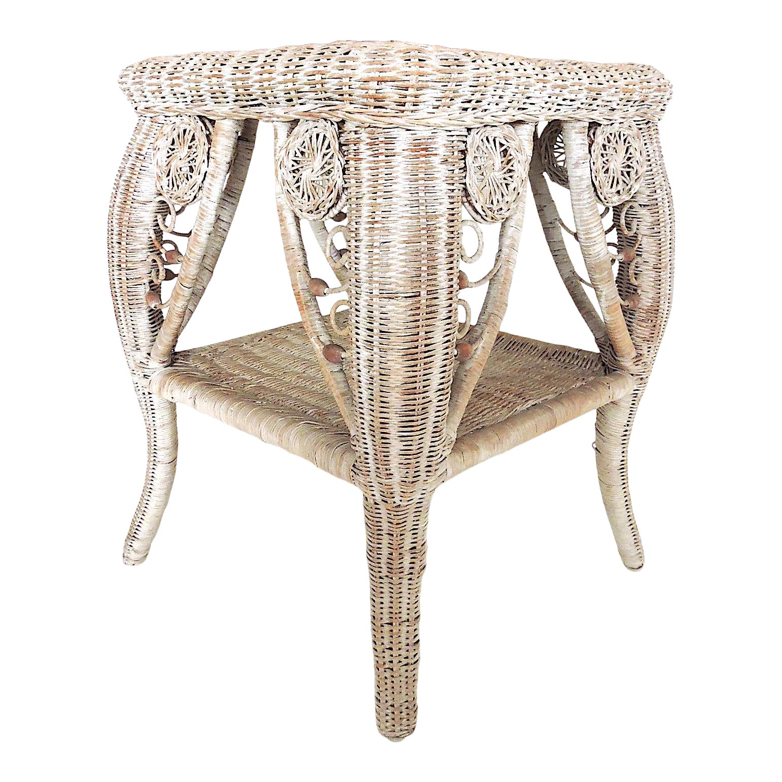 Boho Chic Distressed White Beige Wicker Side or Occasional Table | Chairish