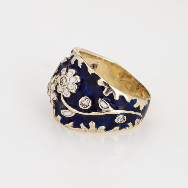Vintage Diamond Enamel Flower Wide Cigar Band Ring Size 6.5 | Chairish