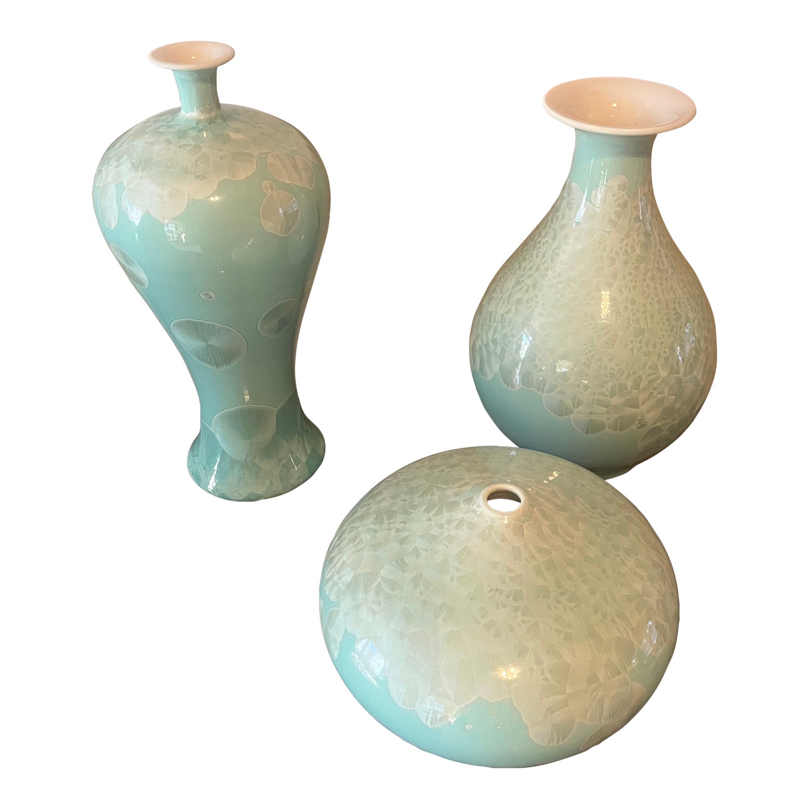 Set of 3 Aqua Swirling Leaves Handcrafted Handblown Vases, 1990s | Chairish