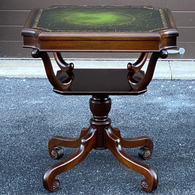 Mahogany Scroll Foot Center Table With Tooled Green Leather Top | Chairish